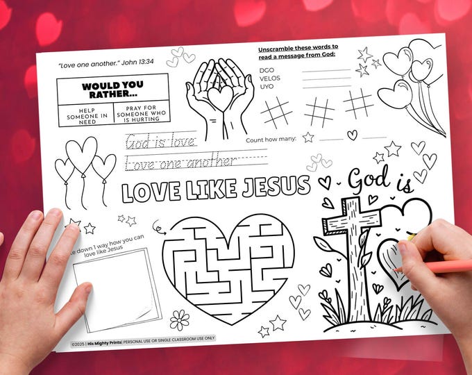 Christian Activity Placemat, Love Like Jesus Valentine’s Day Coloring ...