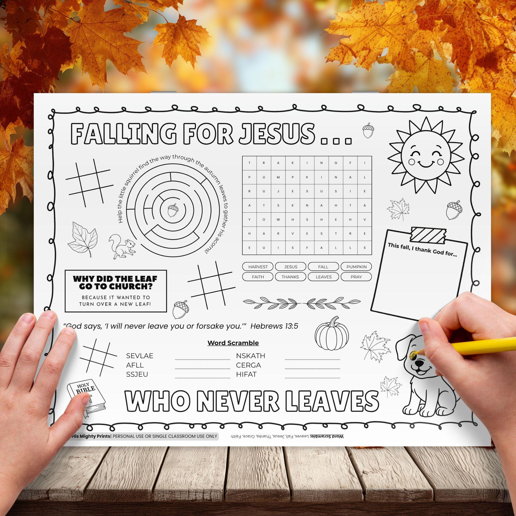 Fall Activity Placemat, Christian Sunday School Resource, Bible ...