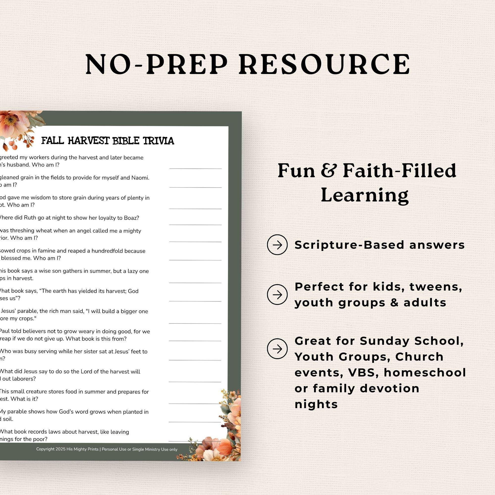 Fall Harvest Bible Trivia Game Printable for Church Events, Sunday ...