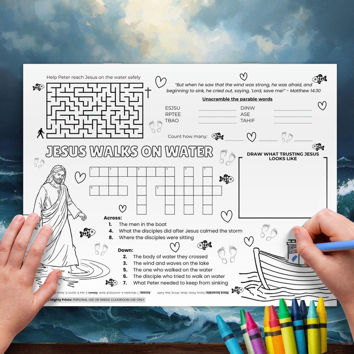 Jesus Walks on Water Activity Sheet, Sunday School Placemat, Bible ...