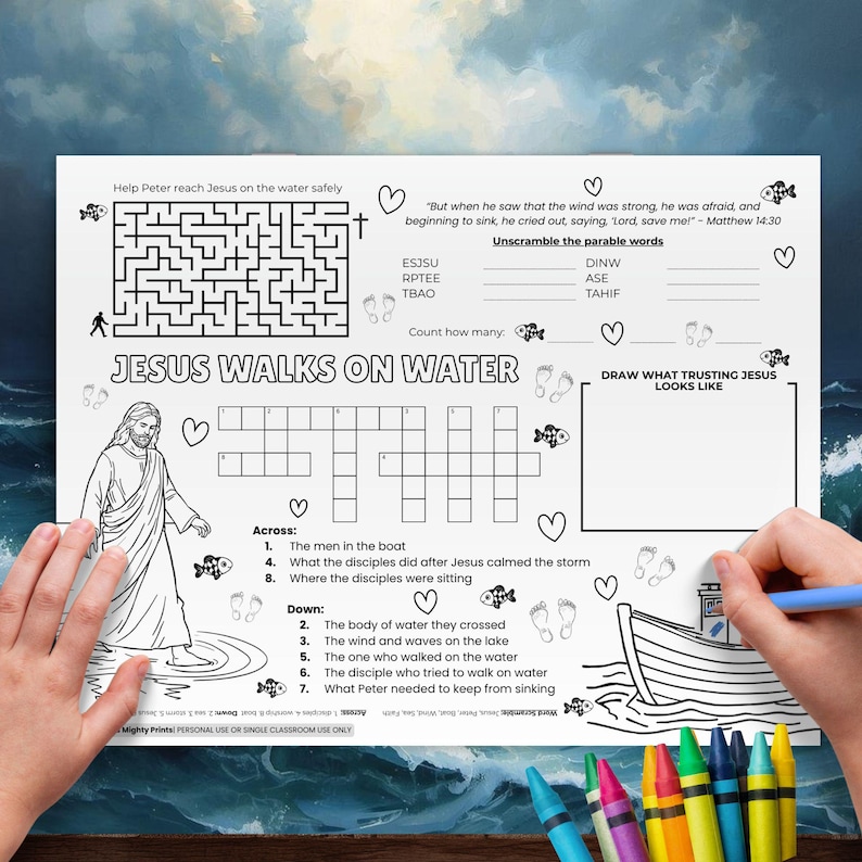 Jesus Walks on Water Activity Sheet, Sunday School Placemat, Bible ...