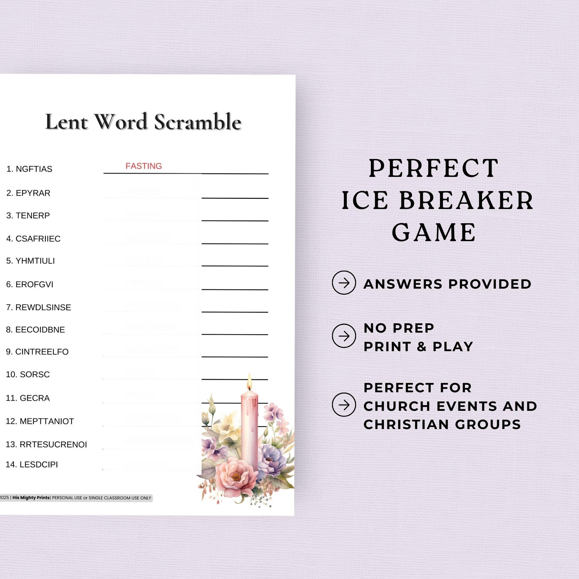 Lent Bible Word Scramble Printable PDF Game for Church Groups, Faith ...