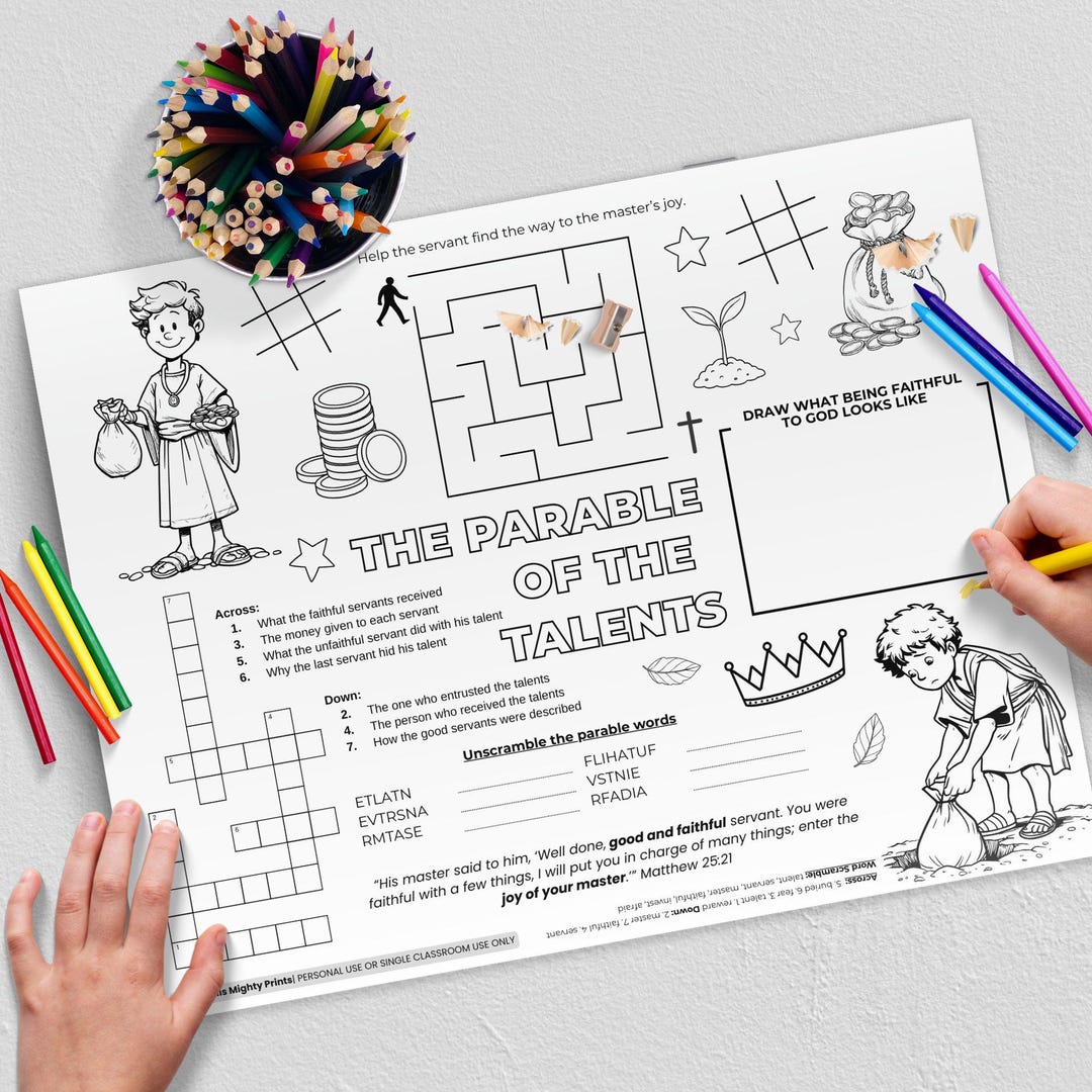 Parable of the Talents Activity Sheet, Sunday School Placemat, Bible ...