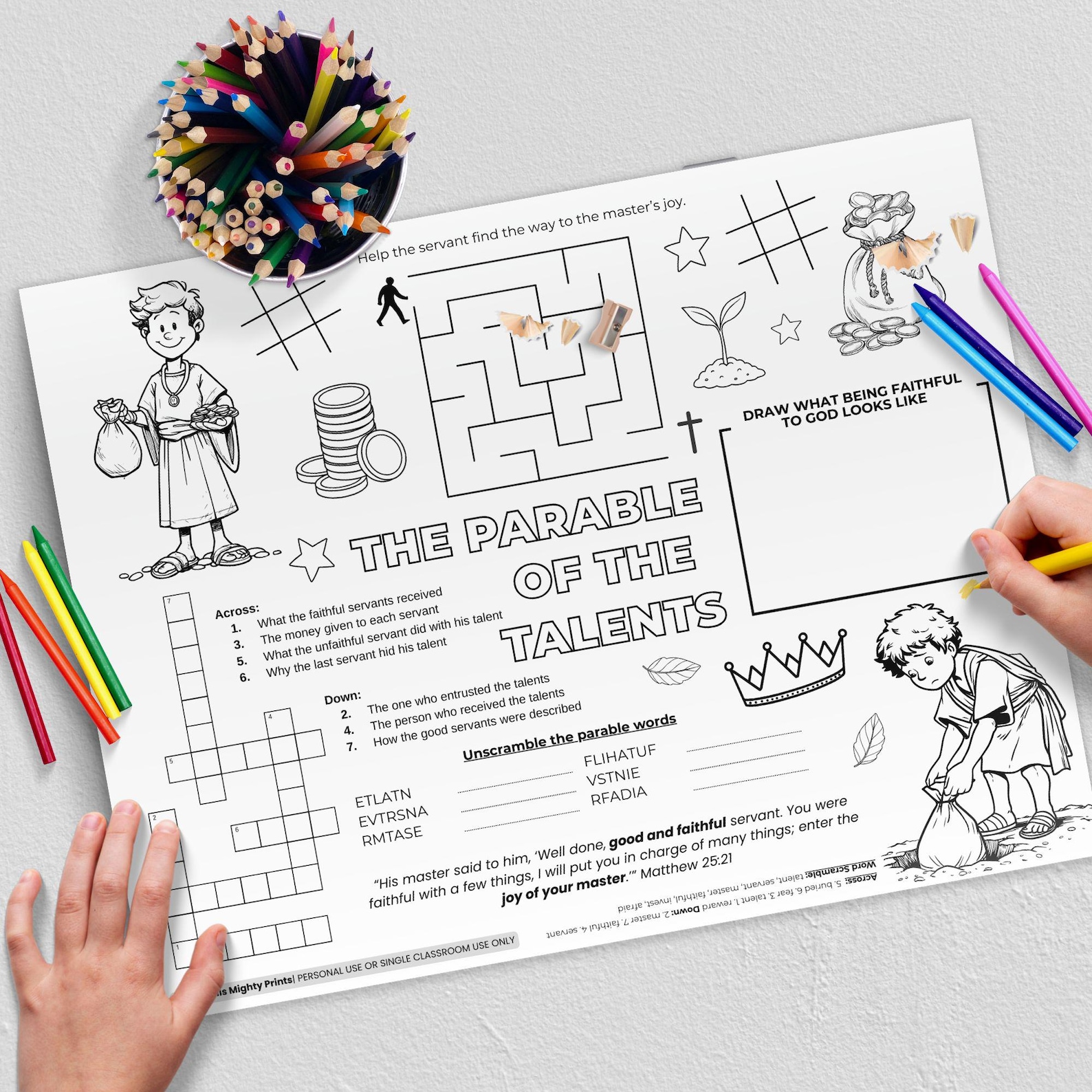 Parable of the Talents Activity Sheet, Sunday School Placemat, Bible ...