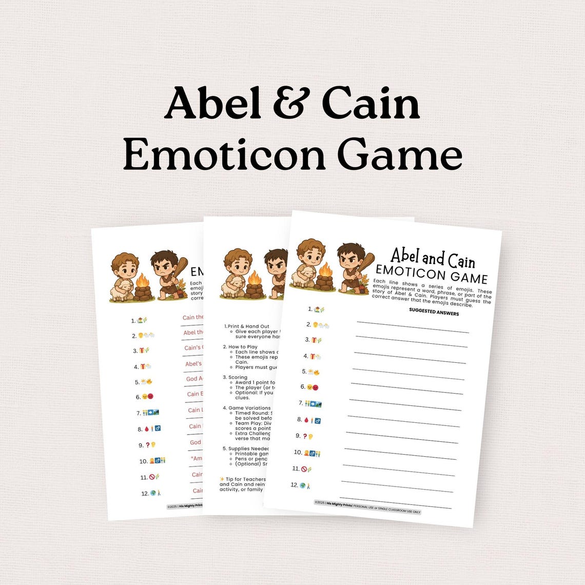 Abel & Cain Emoticon Guessing Game Printable, Christian Bible Activity ...