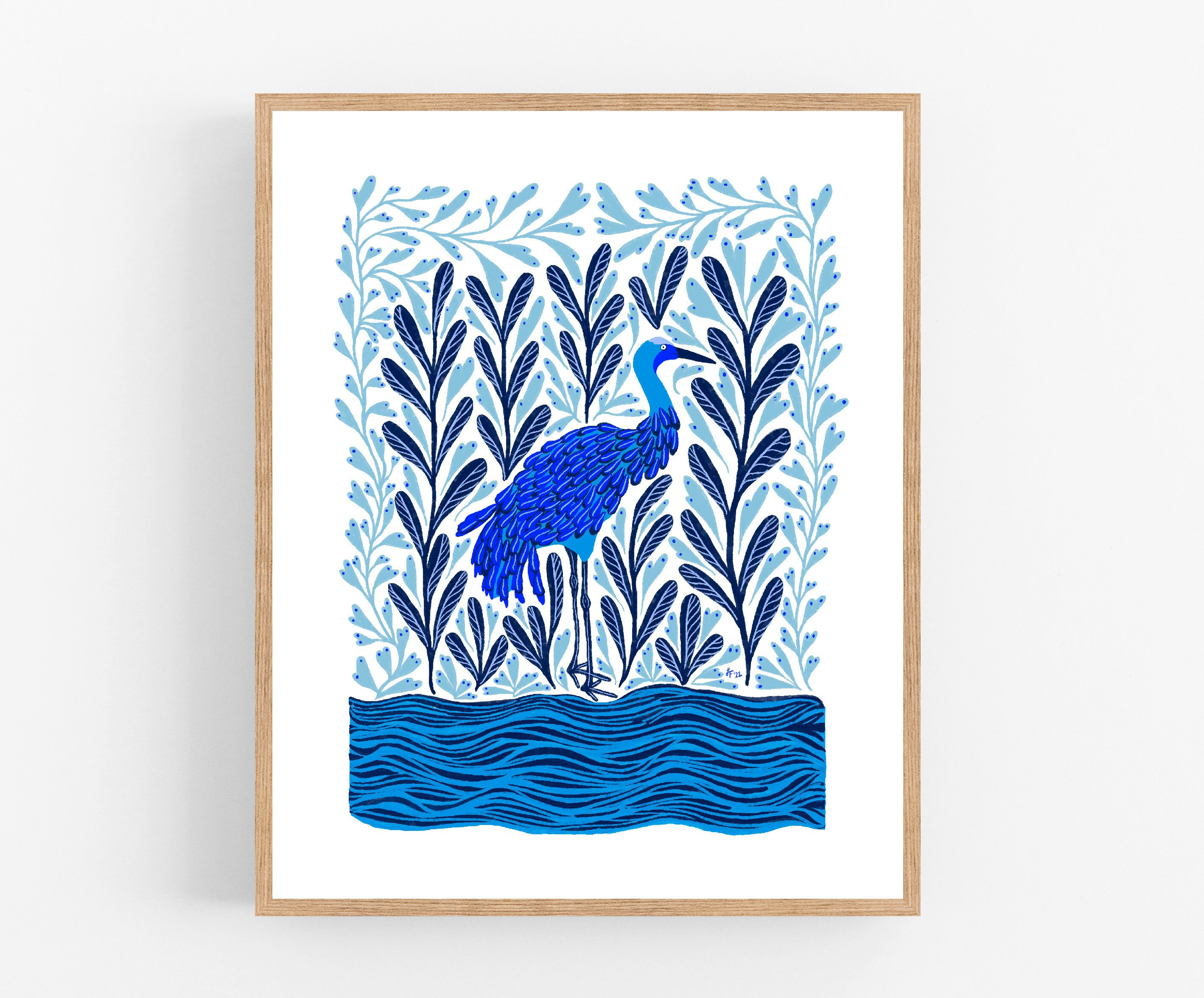 Blue Crane Folk Art Illustration / Printable / Art / Digital - Etsy