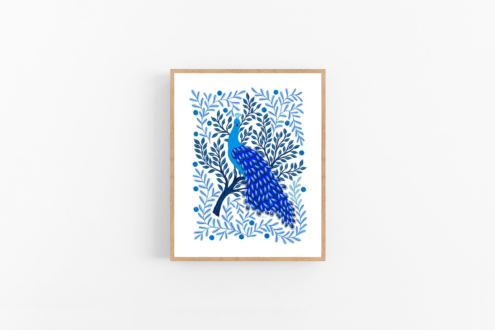Blue Peacock Folk Art Illustration Printable Art Digital Download