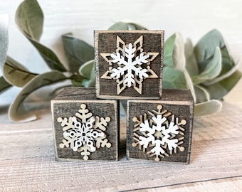 Snowflake Wood Blocks - Winter Snow Decor - Snowflake Tiered Tray Decor ...