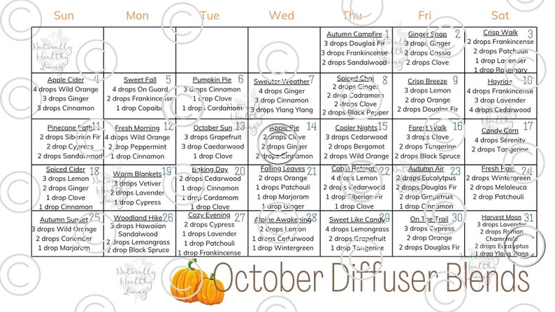 Diffuser Blend Calendar October 2020 Printable Etsy