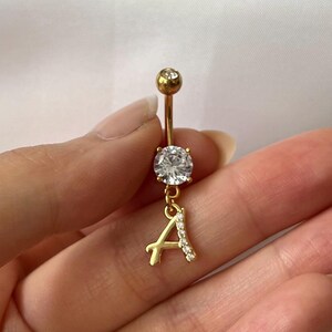 18K Custom Letter Name Belly Ring, Gold Initial, Belly Piercing, Sparkling Rhinestone, 2024 ...