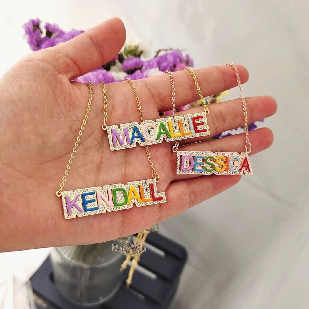 18k Enamel Name Necklace Diamond Gold Choker Colorful Bubble - Etsy