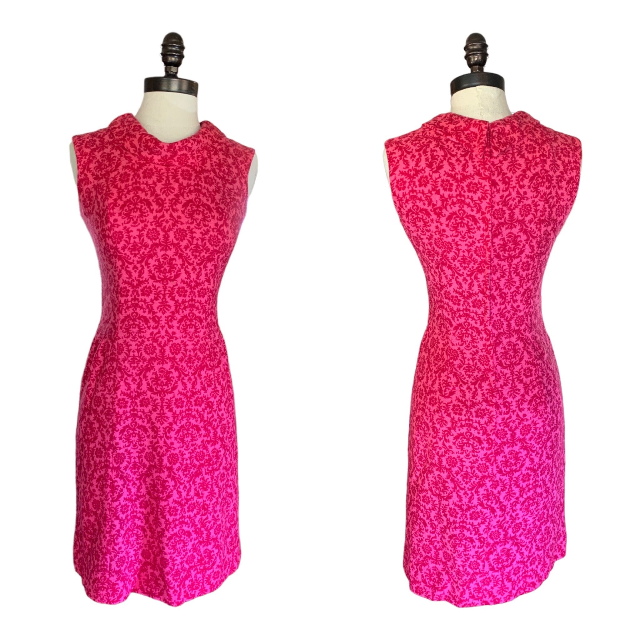 Vintage 60s Pink Wallpaper Pattern Cocktail Dress High Neck Tailored ...