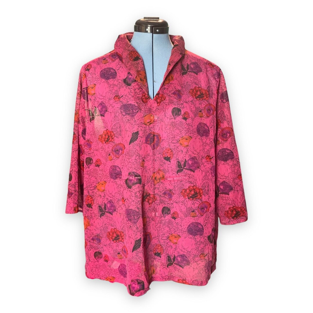 Vintage 70s Fruit Print Sheer Blouse Ruby Red Jewel Tone Plums Berries ...