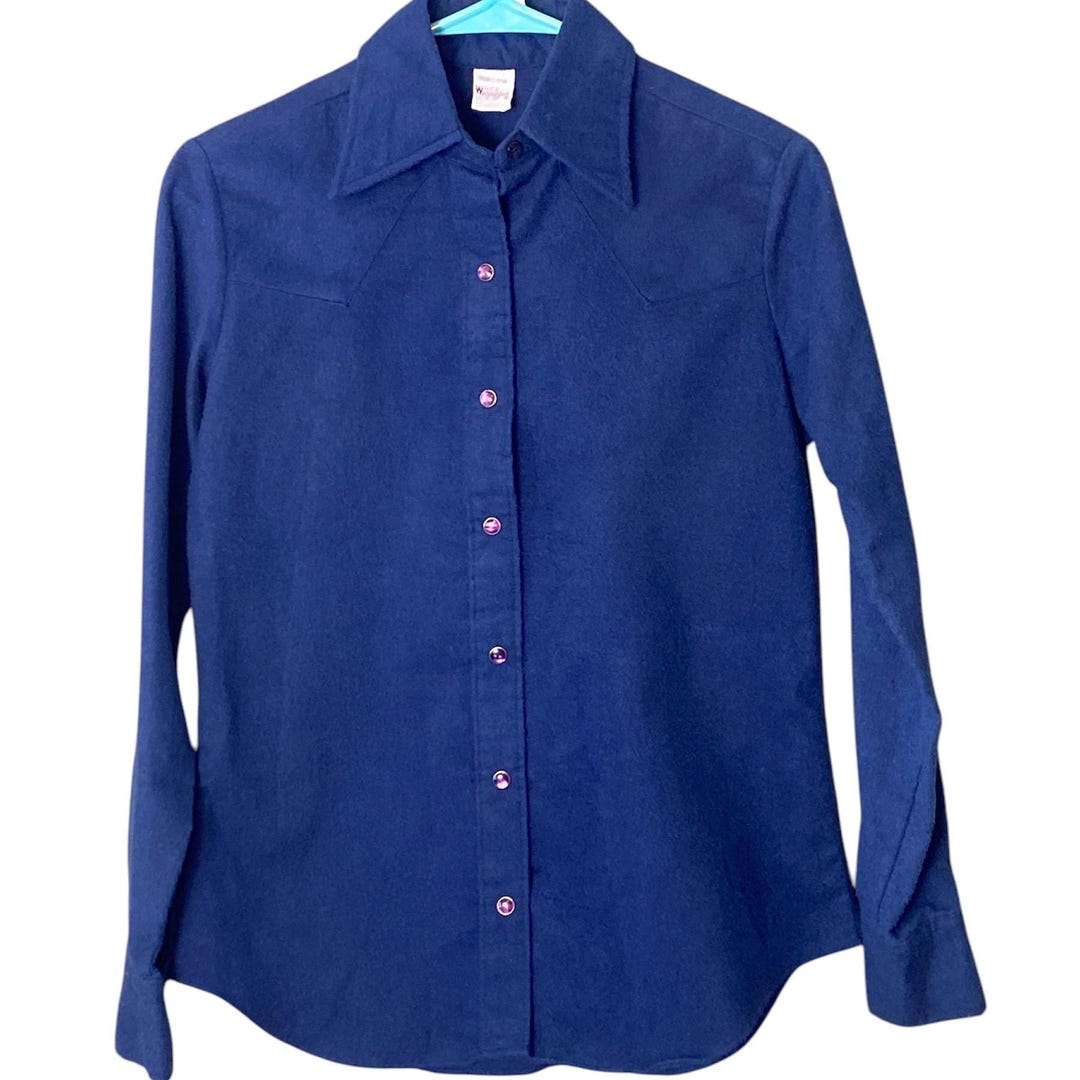 Vintage 70s Navy Blue Fuzzy Button up Wrangler Western Pearl Snap ...