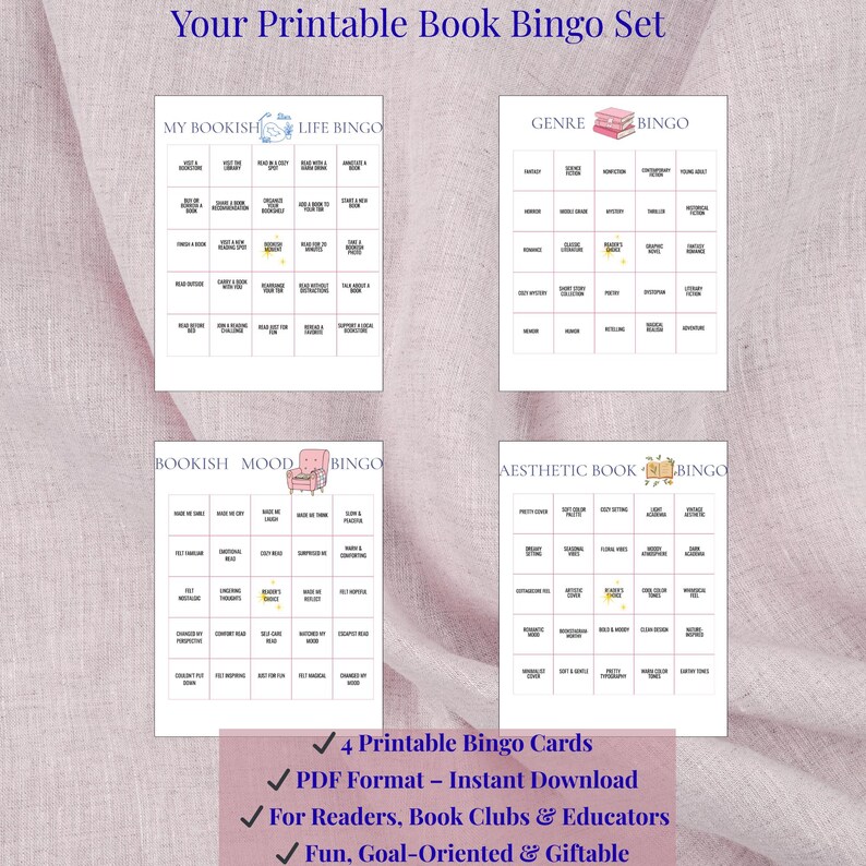 Printable Book Lover Bingo Cards – 4 Unique Reading Bingo Games for ...