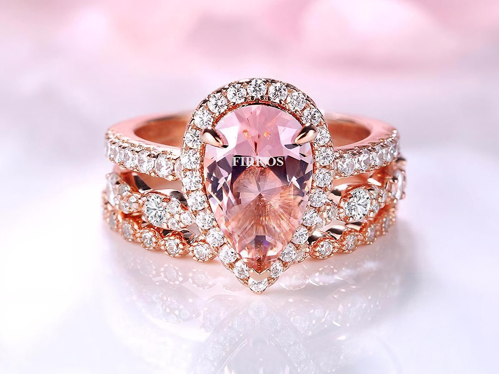 9x7mm Vintage Morganite Engagement Ring Set Art Deco Ring Set - Etsy