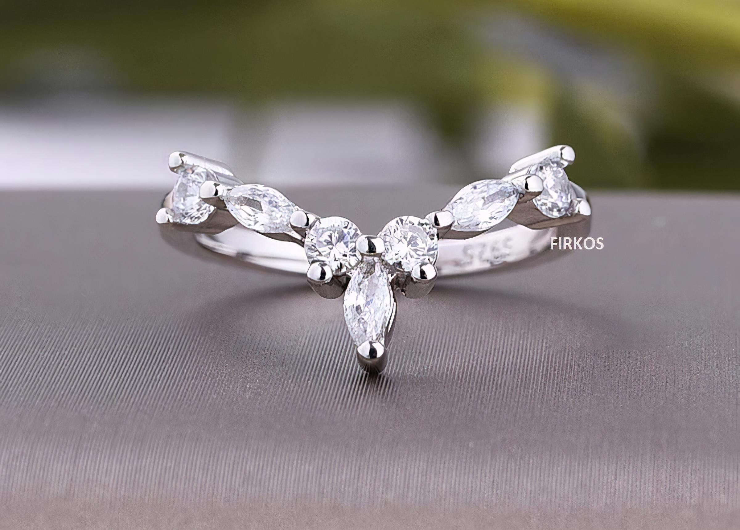 Curved Diamond Wedding Band Women White Gold Marquise - Etsy