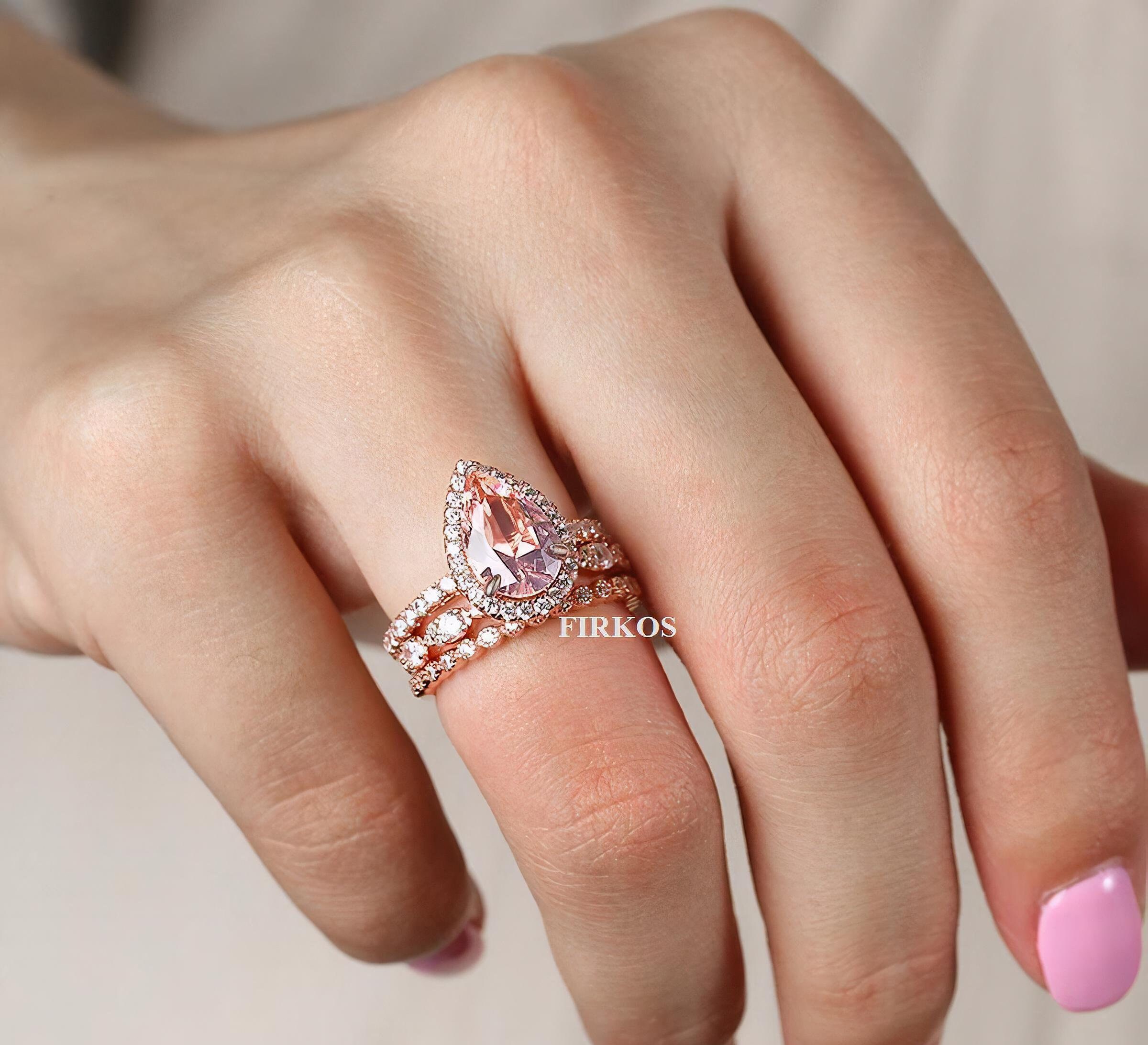 9x7mm Vintage Morganite Engagement Ring Set Art Deco Ring Set - Etsy
