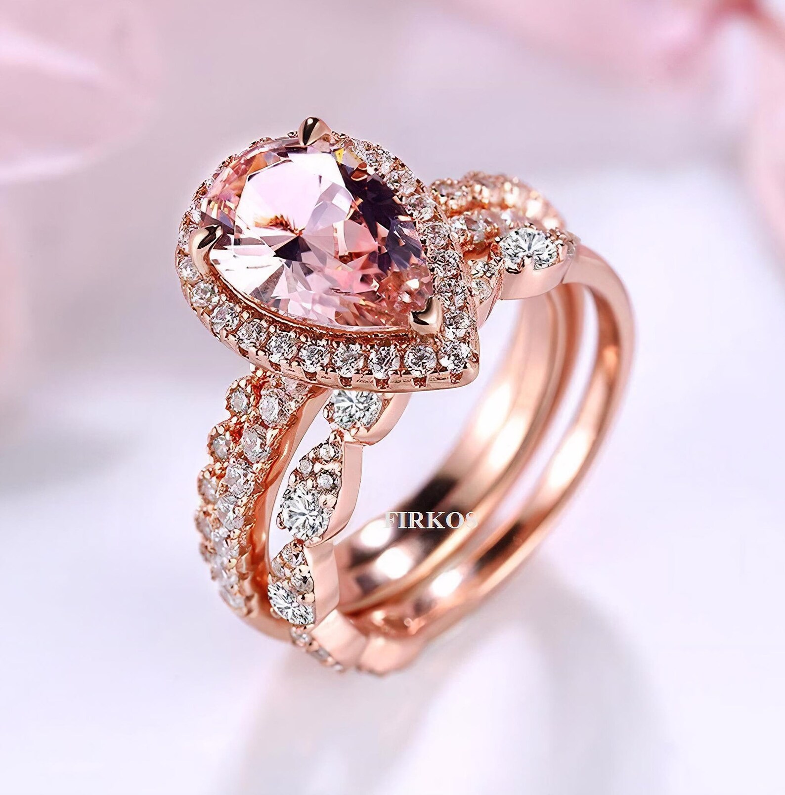 9x7mm Vintage Morganite Engagement Ring Set Art Deco Ring Set - Etsy