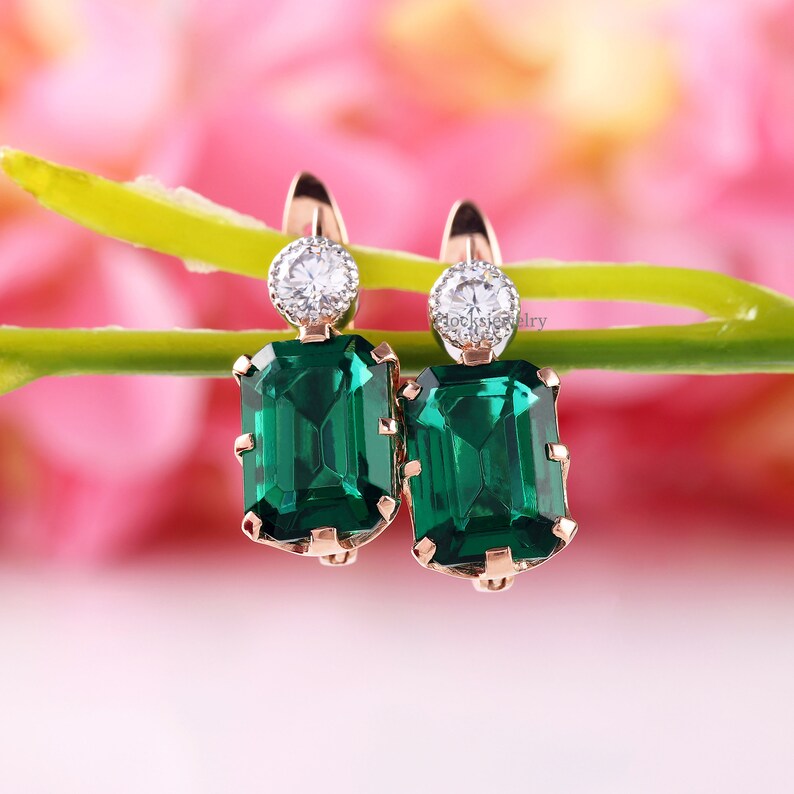 2.5ct Green Emerald Earrings English Lock Earrings 14K Rose - Etsy