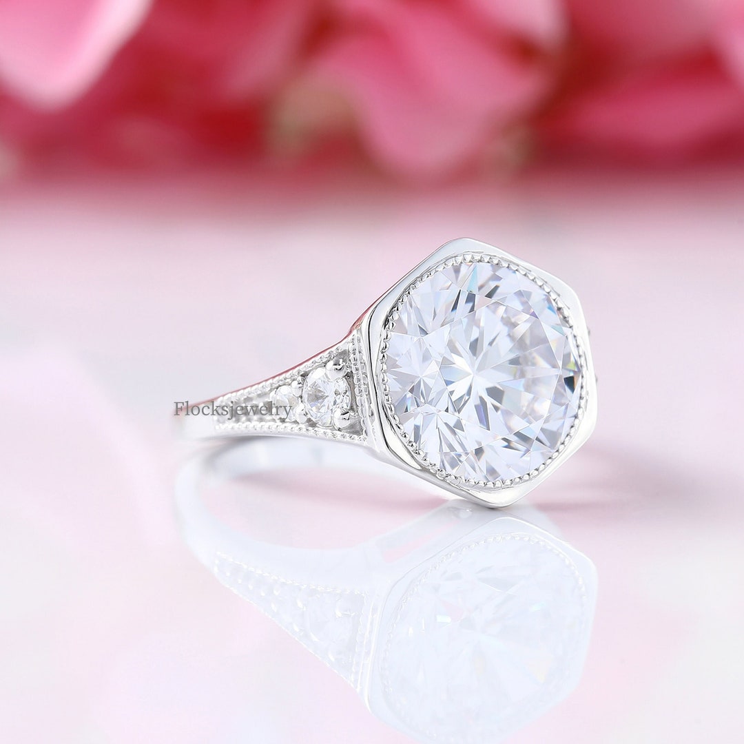 Hexagon Shape Art Deco Ring, Bezel Set Milgrain Ring, Five Stone Ring ...