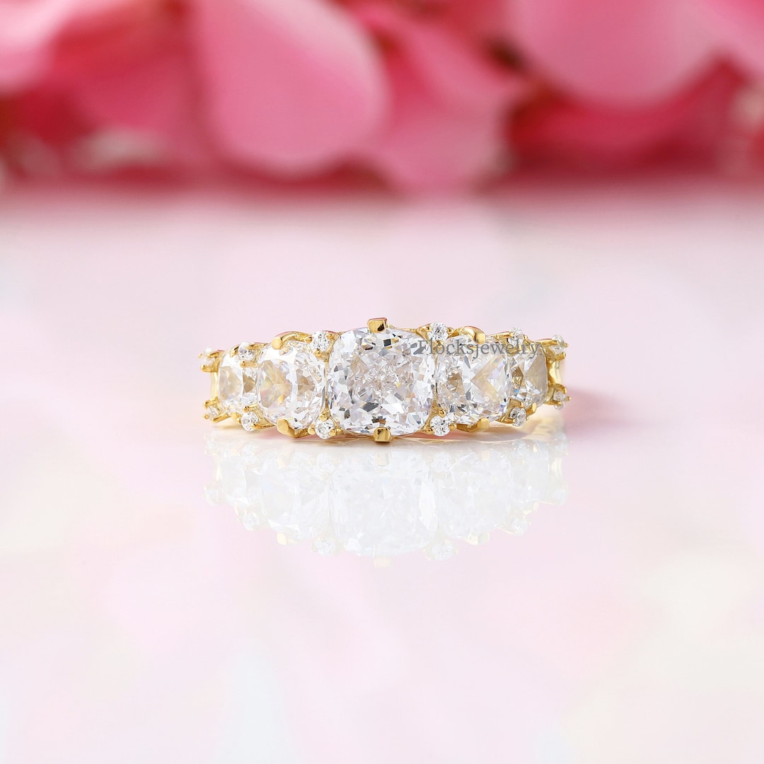 Old Mine Cushion Cut Moissanite Six Stone Engagement Ring, Fishtail ...
