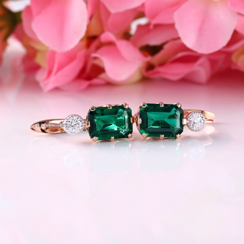 2.5ct Green Emerald Earrings English Lock Earrings 14K Rose - Etsy