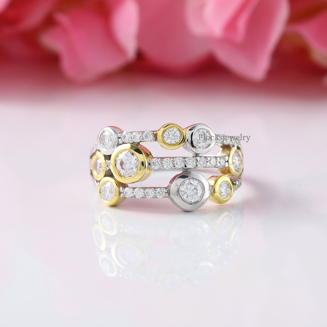 Three Row Diamond Scatter Ring, Multi-colour Gold Raindance Ring, Round ...