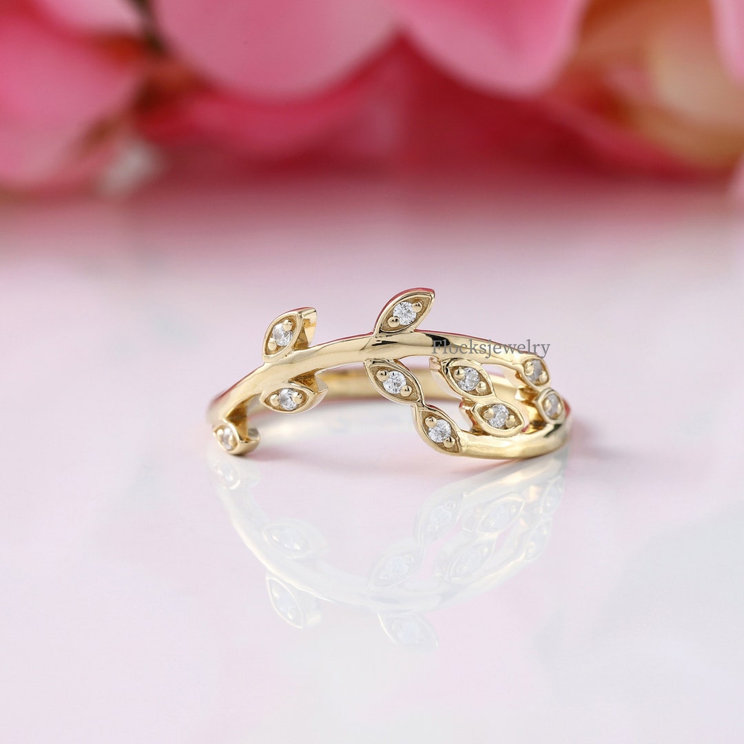 Open Leaf Ring, Vine Stacking Ring, Twig Diamond Engagement Band, Round Cut Moissanite ...