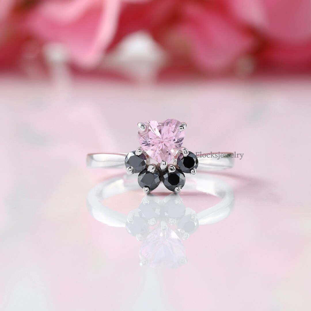Cat Dog Paw Diamond Ring, 1ct Pink Heart & Black Round Cut Diamond Dog ...