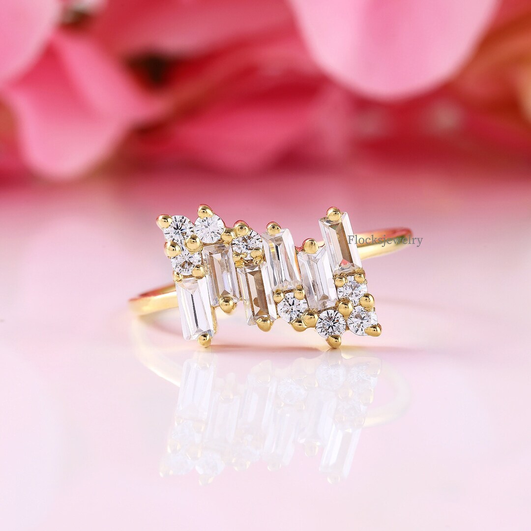 Baguette Cut Ring, Cluster Wedding Ring, Baguette & Round Moissanite ...