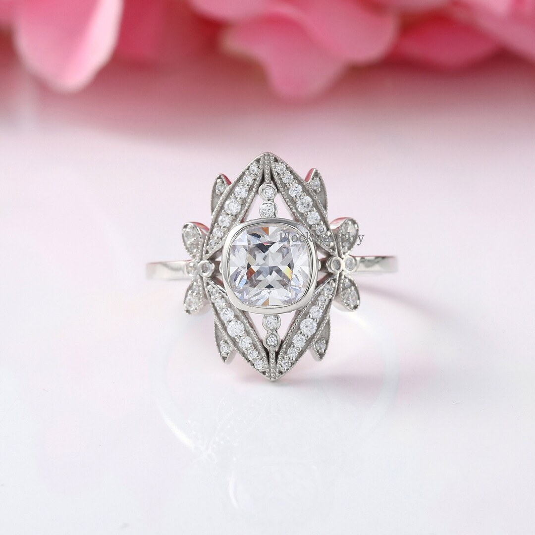 Victorian Style Art Deco Ring, Bezel Set Milgrain Ring, Cushion Cut ...