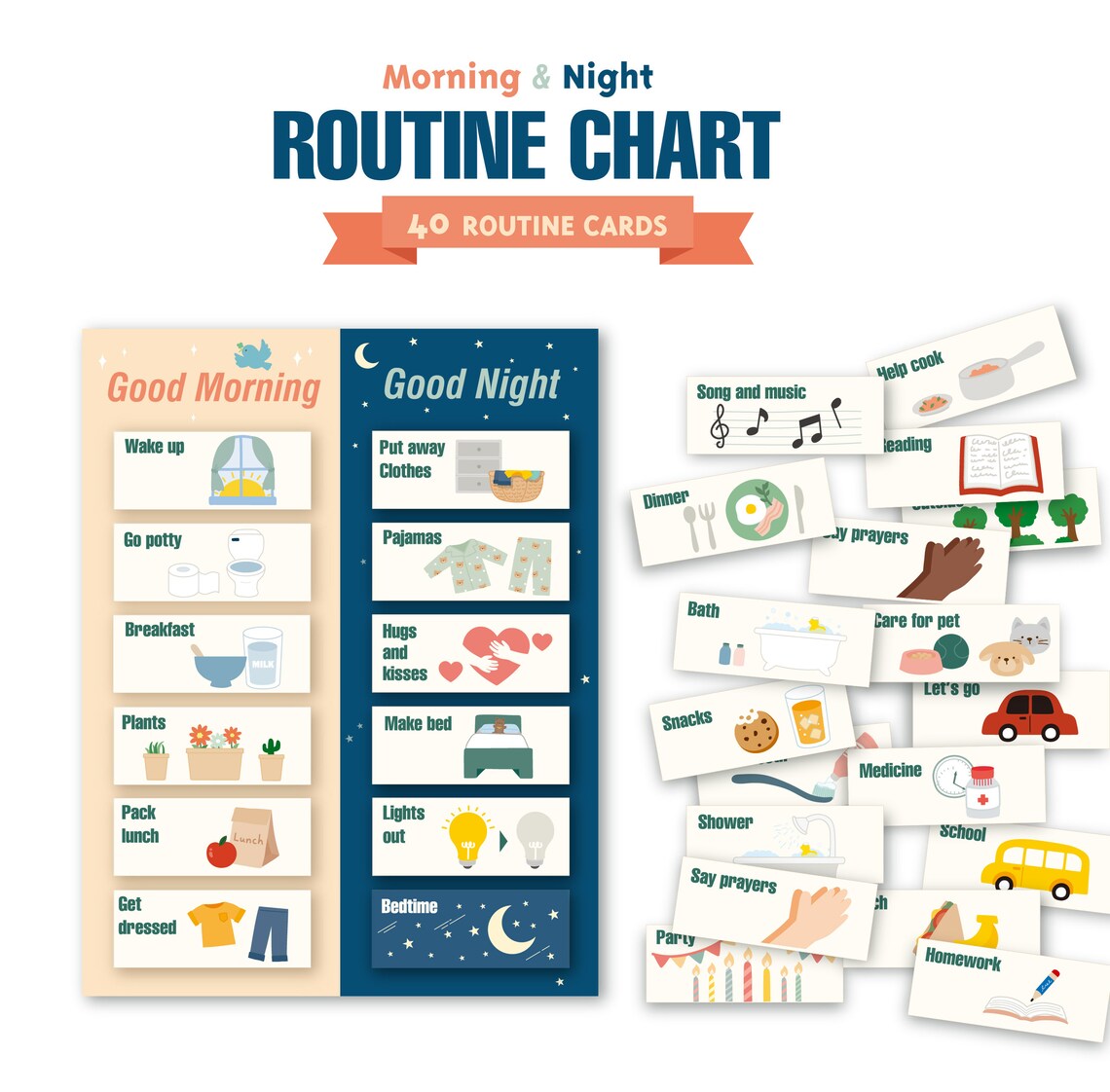 Printable Morning and Night Routine Chart, Visual Schedule, Toddler ...