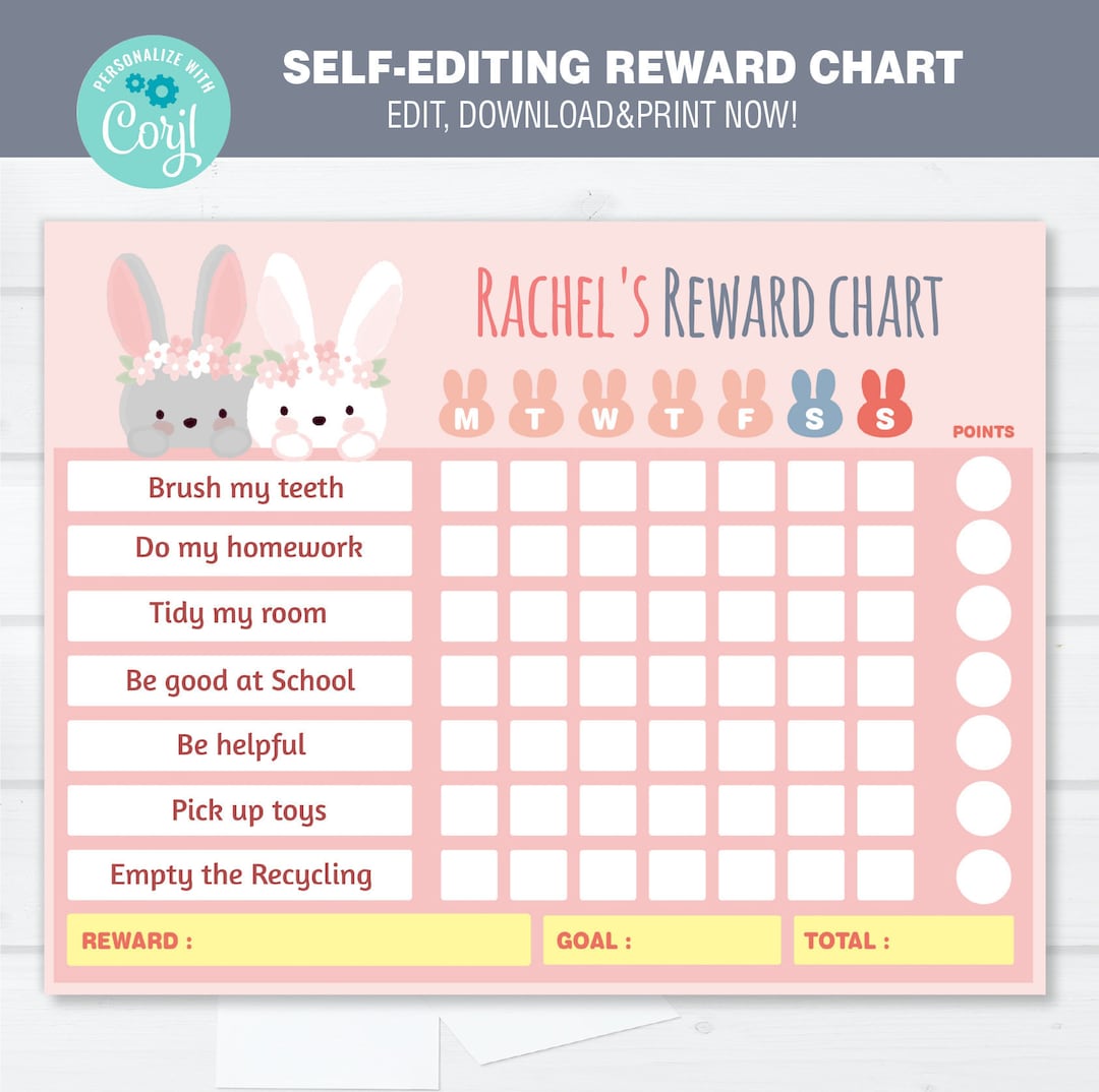 Editable Rabbit Reward Chart Toddler Girls Kids Educational - Etsy