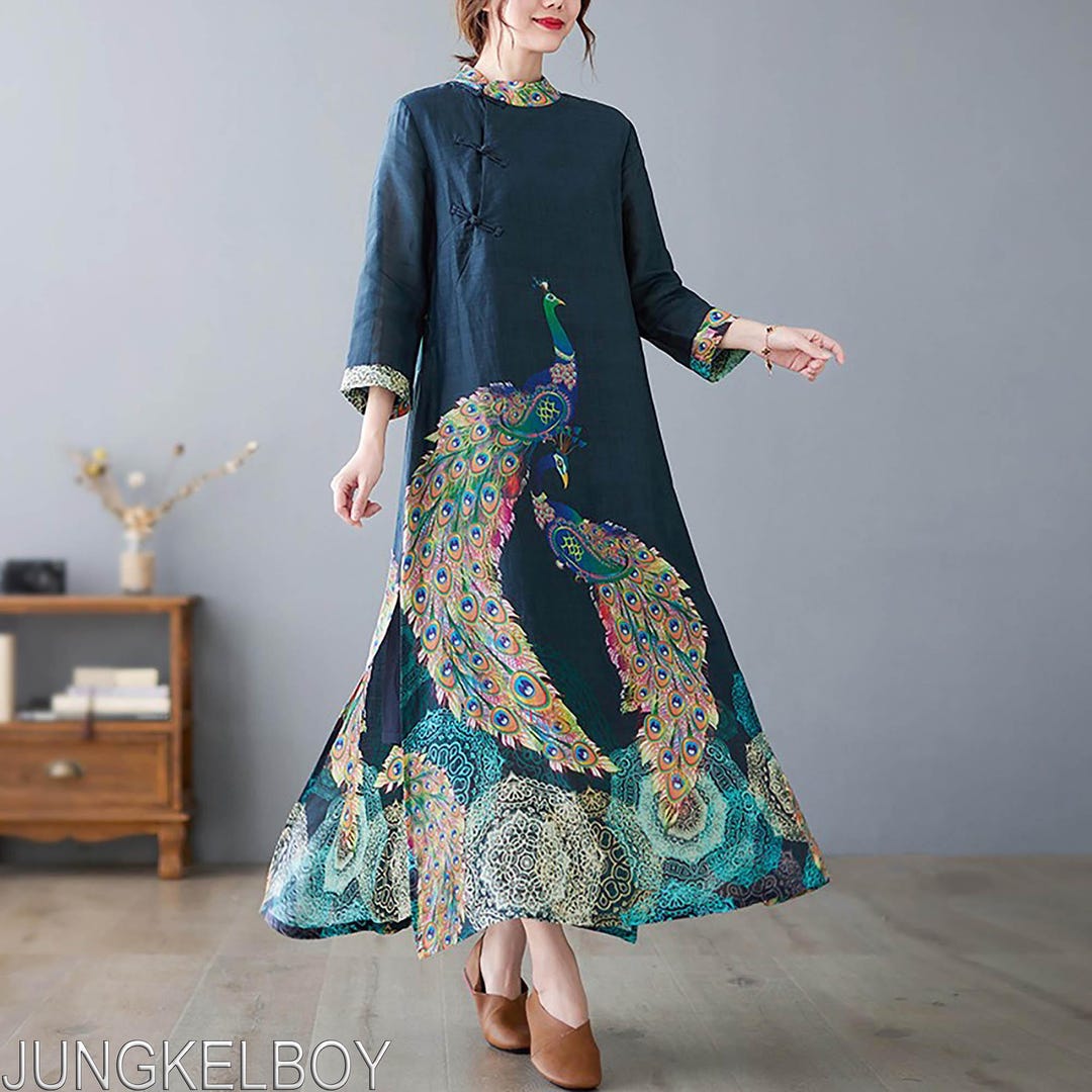 Premium HK Traditional Peacock Motif Dress JB, Peacock Dress, Maxi ...