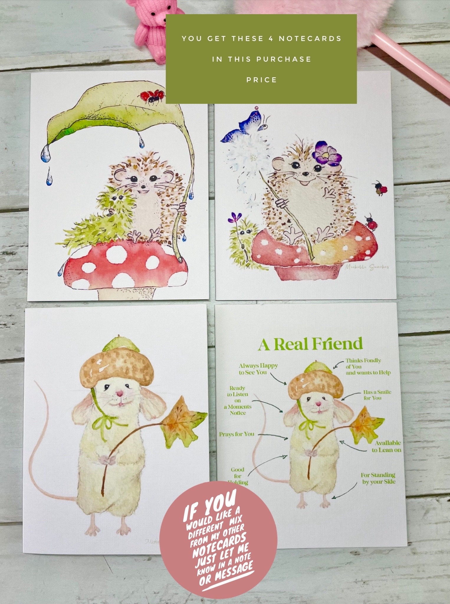 Set of 4 Adorable Hedgehog Whimsical Watercolour Encouragement Mixed ...