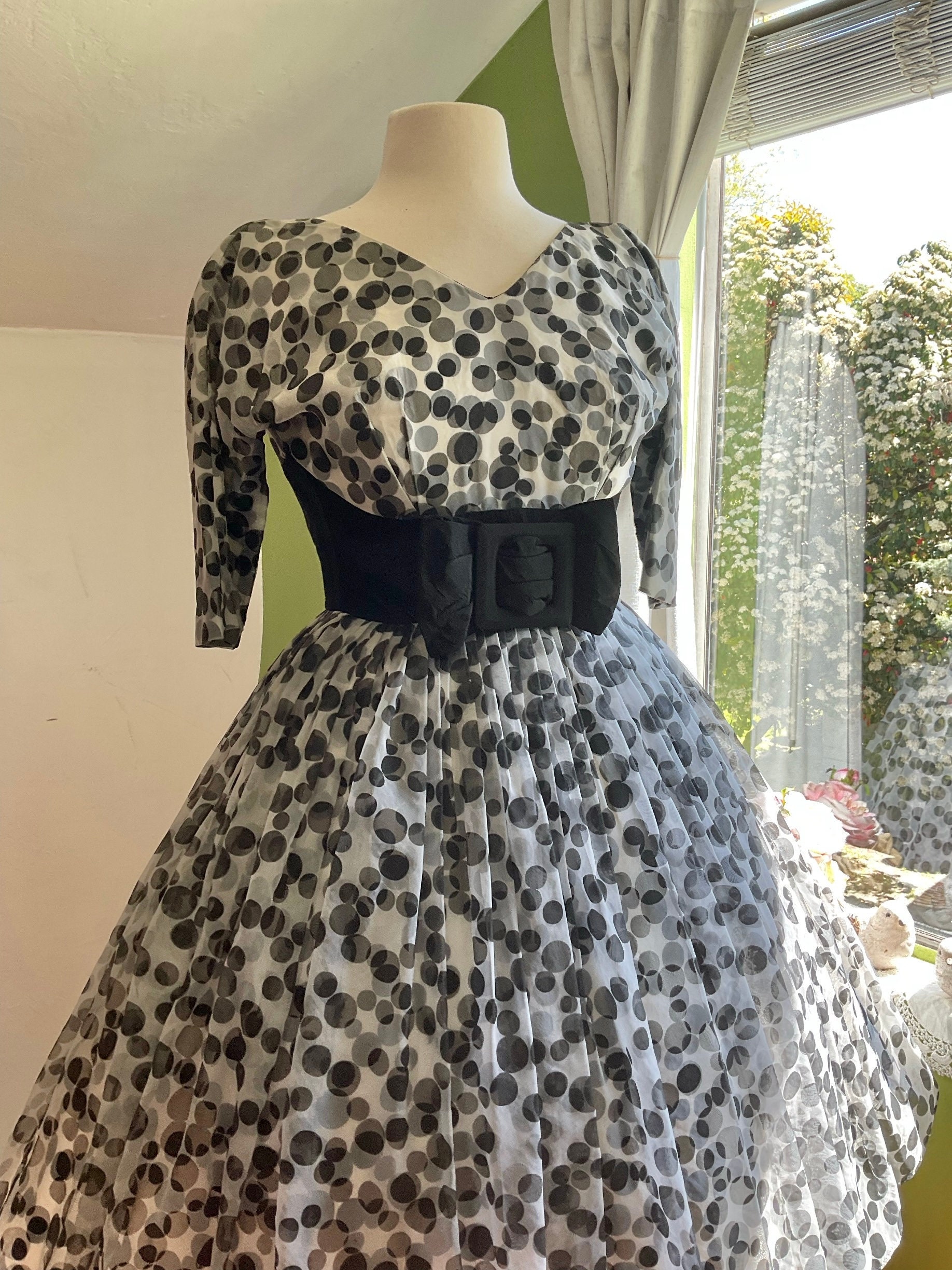 1950s Chiffon 3 Layers Betty Draper Cummerbund Bow Polka Dot Black and ...