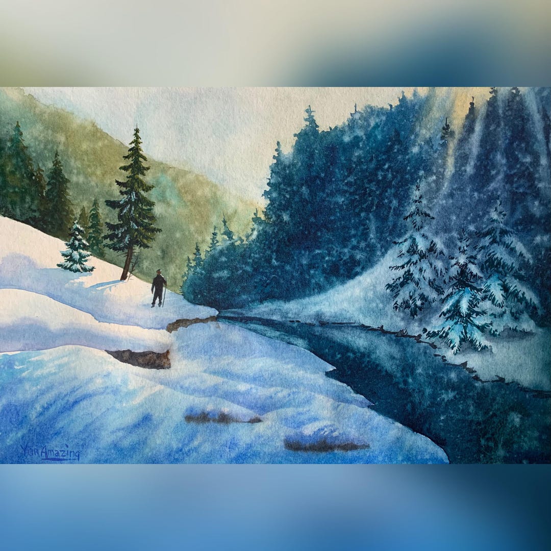 Watercolor Winter Landscape, Snowy Forest Painting, Winter Nature ...