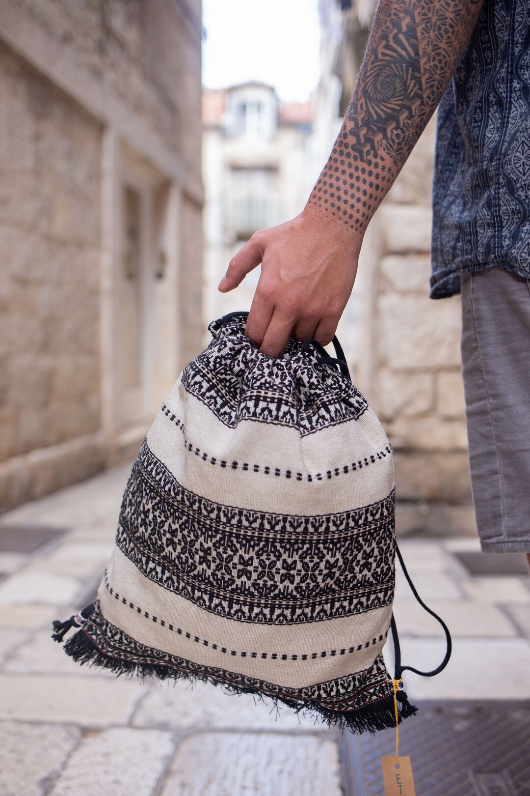 Linen Drawstring Bag - Beige Color Pattern - Croatian Ethno Bag ...