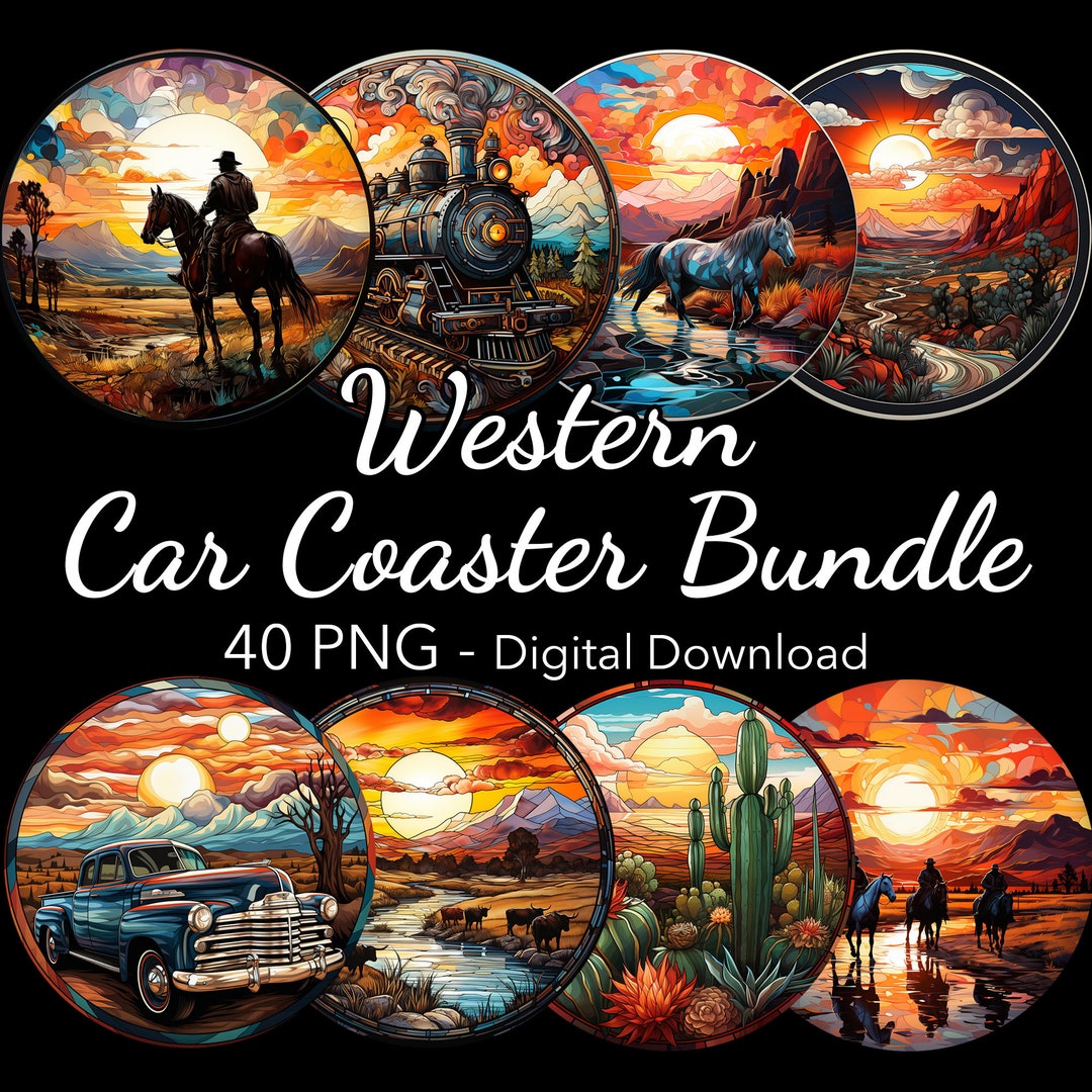Western Car Coaster PNG Sublimation Design | Cup Coaster Stained Glass ...