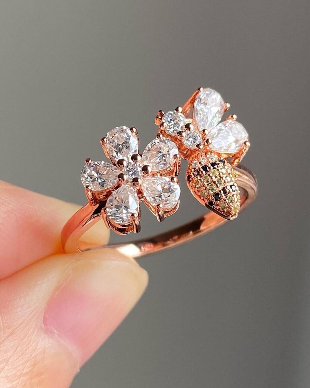 Flower With Bee Engagement Ring/ Women's Ring/ 925 Sterling Silver Ring ...