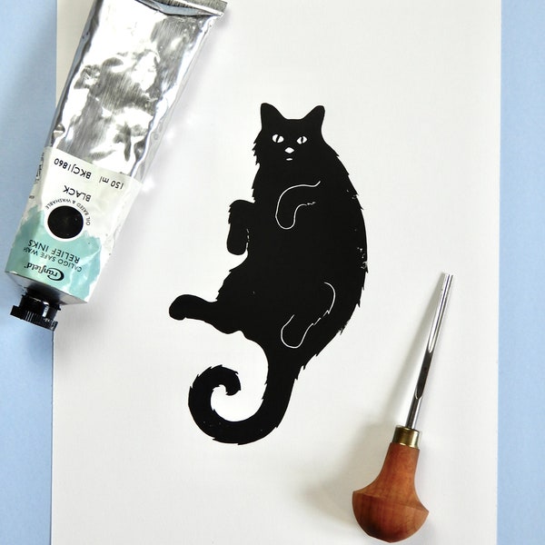 Cat Lino Print - Etsy UK