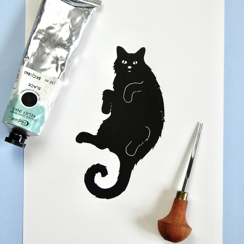Cat Lino Print - Etsy UK