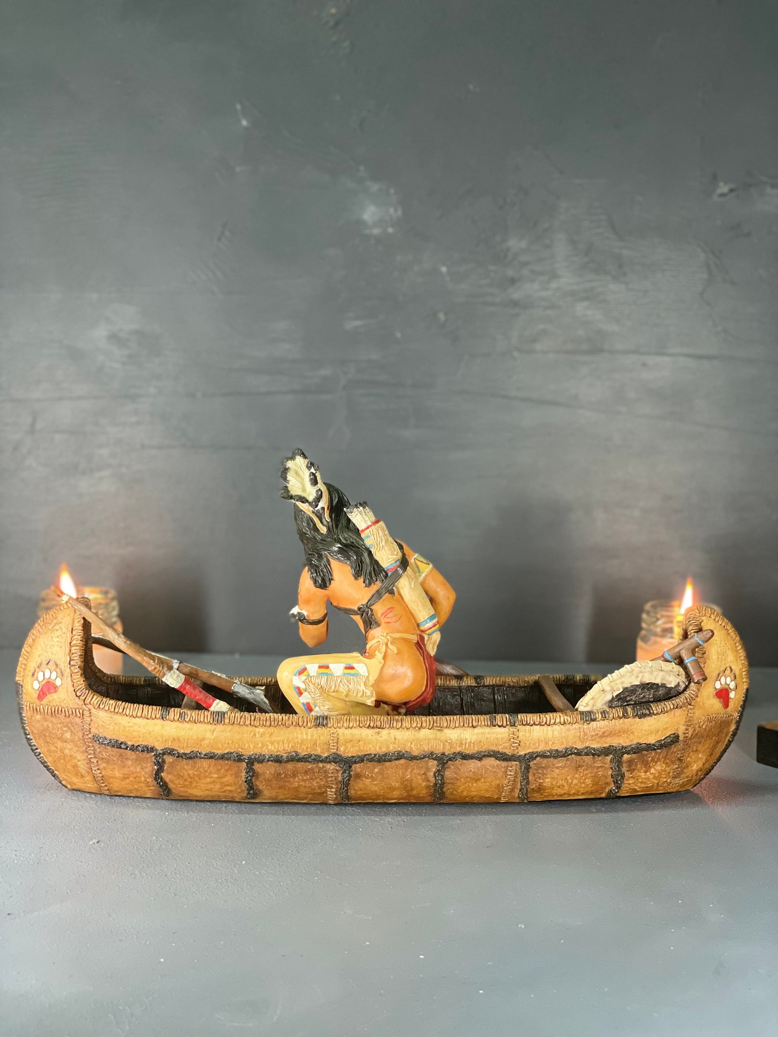 Native American Warrior in Canoe Statue: Hand-painted Resin Indian ...