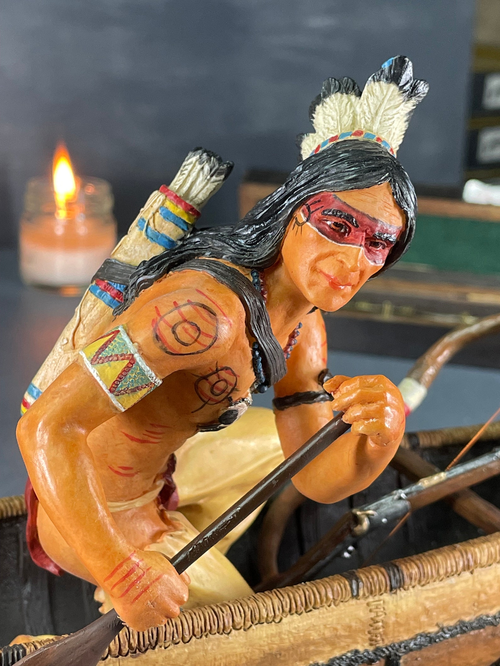 Native American Warrior in Canoe Statue: Hand-painted Resin Indian ...