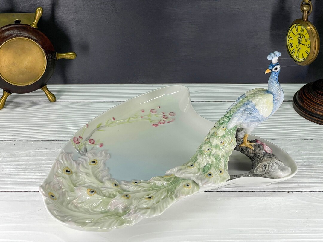 Plum and Peacock Porcelain Tray, Art Nouveau Decorative Serving Tray ...