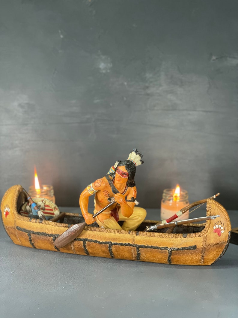 Native American Warrior in Canoe Statue: Hand-painted Resin Indian ...