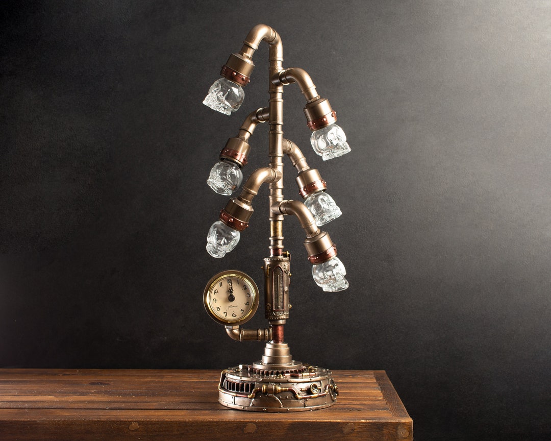 Steampunk Crystal Skull Six Branch Light and Clock Stand, Industrial ...