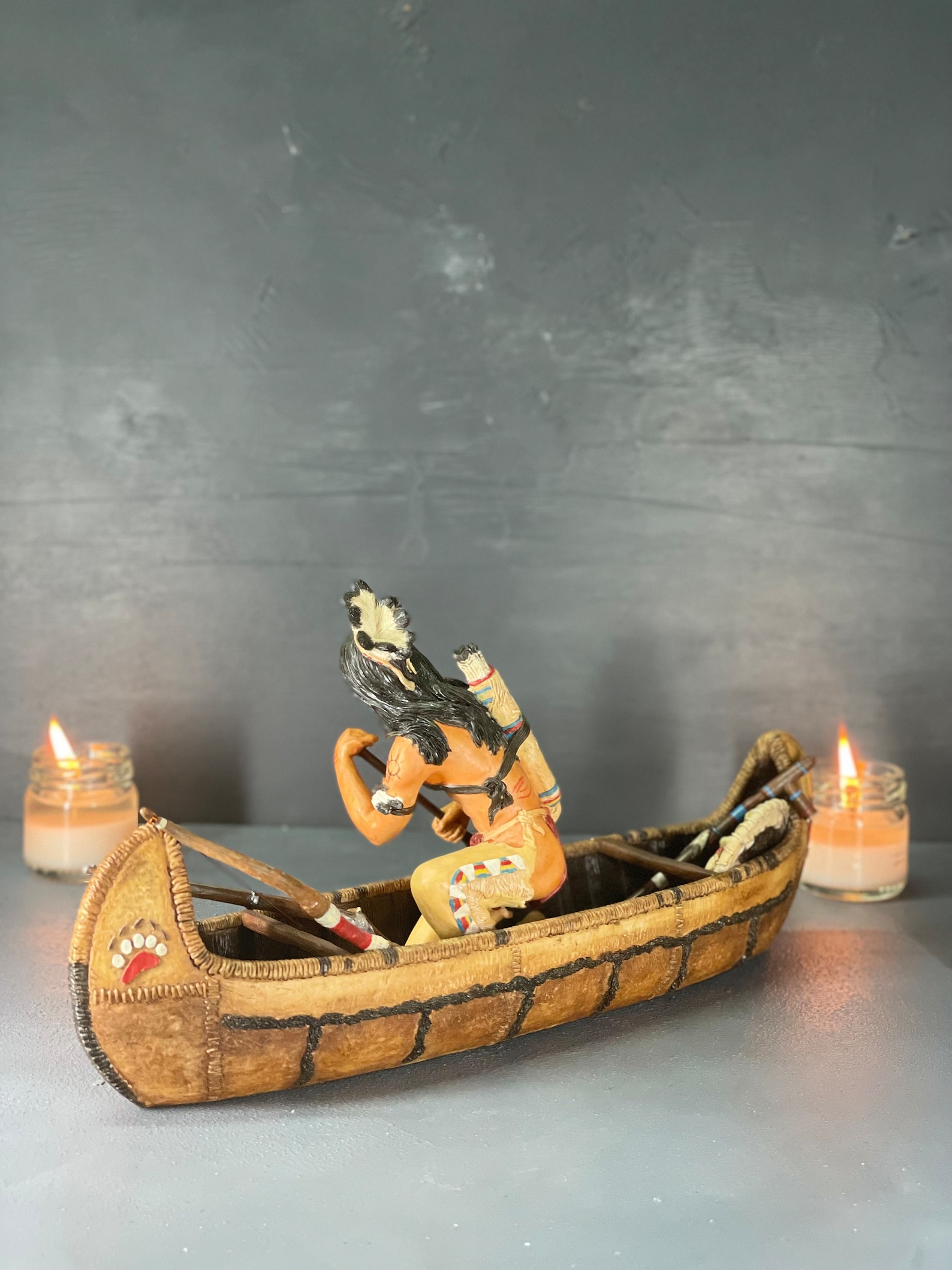 Native American Warrior in Canoe Statue: Hand-painted Resin Indian ...