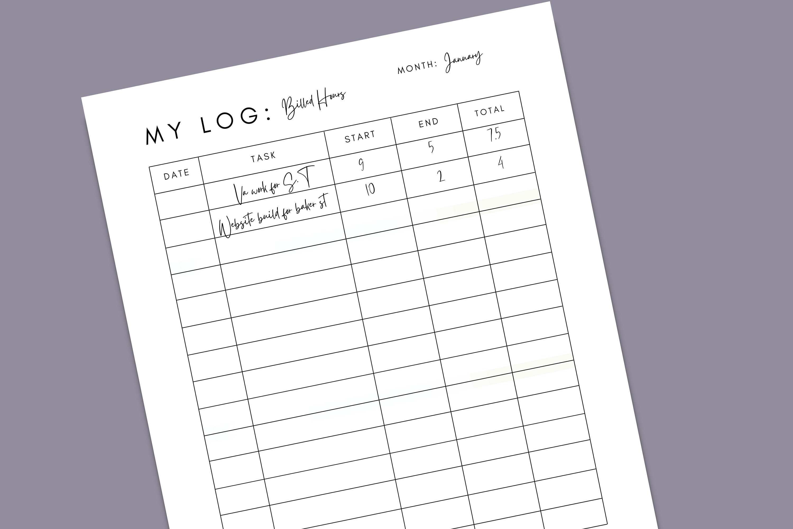A Time Log, Work Log Printable: Project Time Log, Time Spent List ...